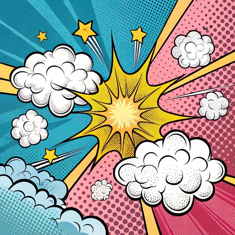Colorful Comic Book Explosion with Clouds and Stars Retro Pop Art Blast ...