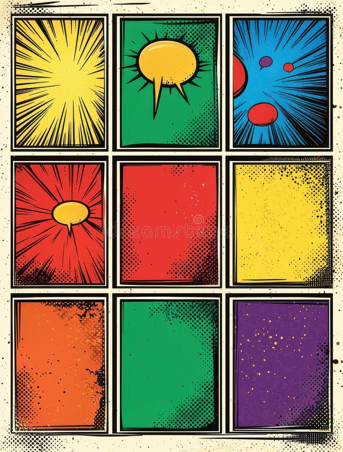 Colorful Comic Book Page Template with Vibrant Panels, Speech Bubbles ...