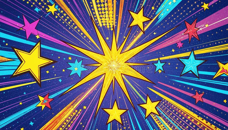 Colorful Comic Book Style Background Featuring Exploding Star with Motion Blur and Speed Lines ...