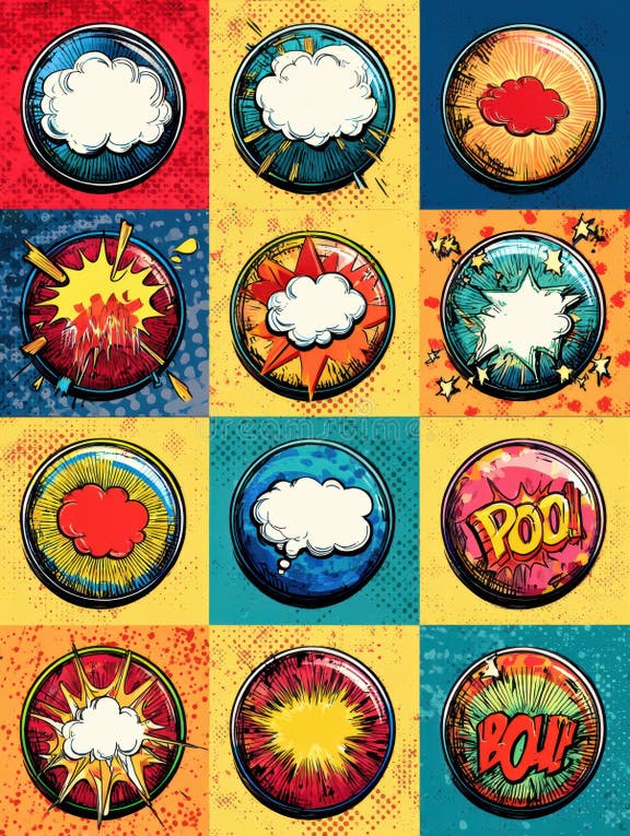 Colorful Comic Book Style Explosion and Impact Effects in a Grid Layout ...