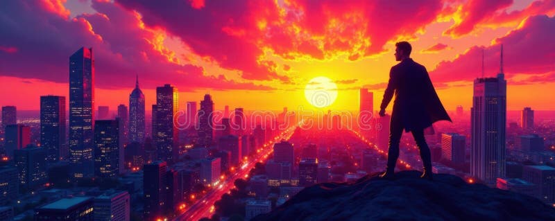 Colorful Comic Book Style Image of a Superhero S Cityscape at Sunset ...