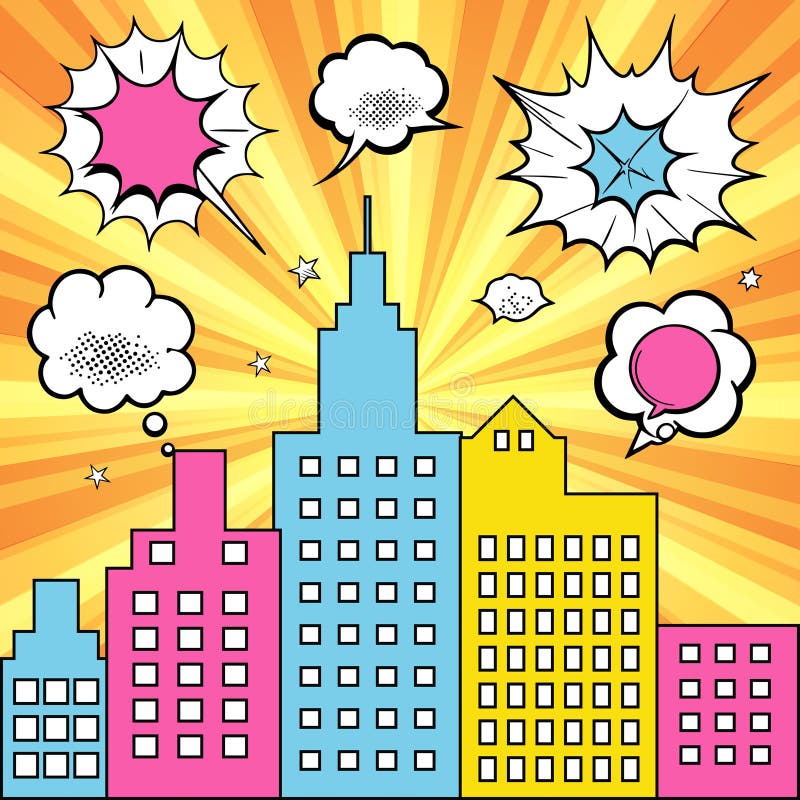 Colorful Comic City Skyline with Speech and Thought Bubbles Exploding ...