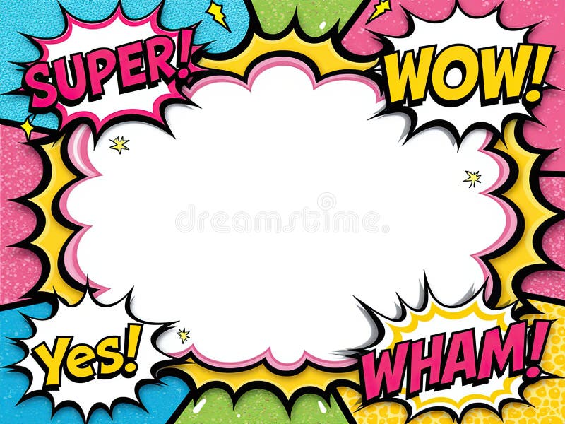 Colorful Comic Frame with Super, Wow, and Wham Speech Bubbles, Created ...