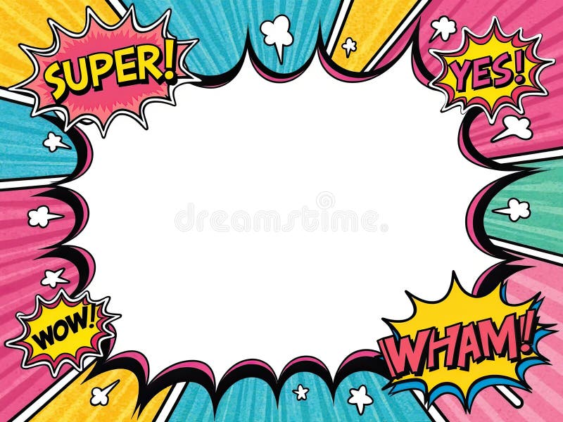 Colorful Comic Frame with Super, Wow, and Wham Speech Bubbles, Created ...