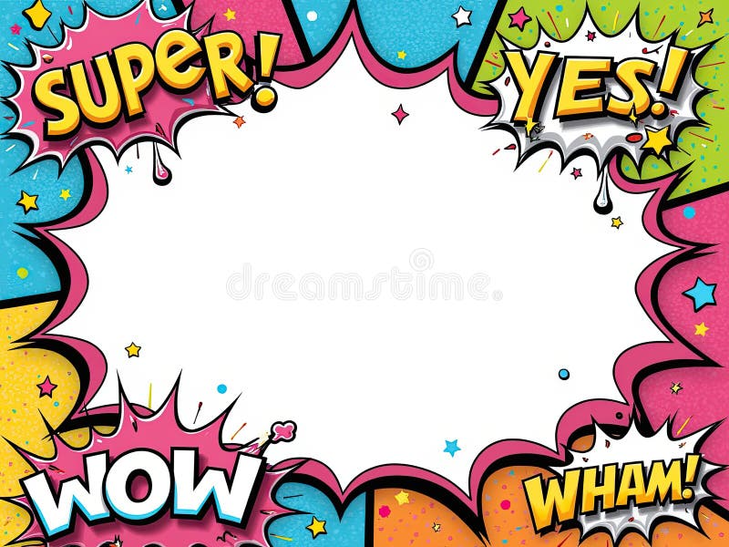 Colorful Comic Frame with Super, Wow, and Wham Speech Bubbles, Created ...