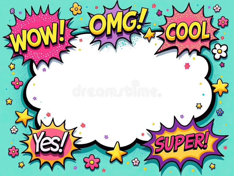 Colorful Comic Frame with Super, Wow, and Wham Speech Bubbles, Created ...
