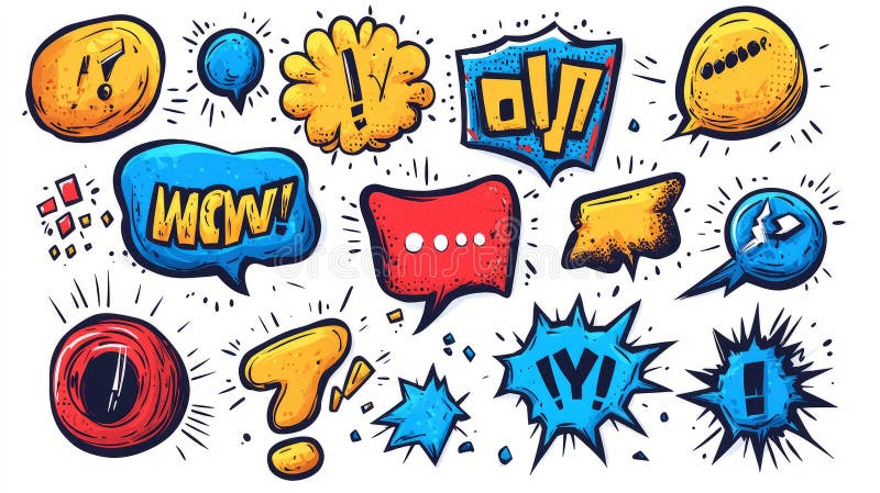 Colorful Comic Speech Bubbles, Emotive Expressions, and Symbols for ...