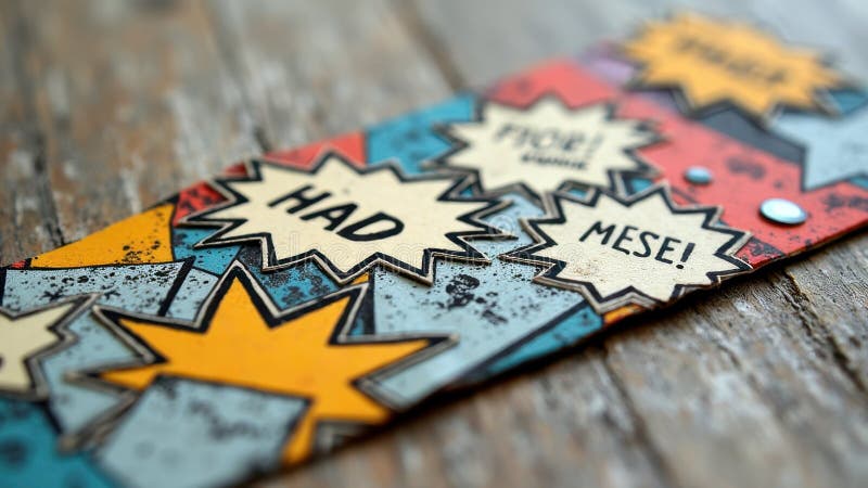 Colorful Comic Style Designs on Wood with Text Bubbles and Stars Stock ...