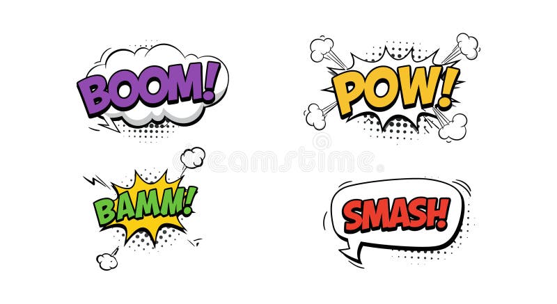 Colorful Comic-style Speech Bubbles Displaying Action Words in Bold ...