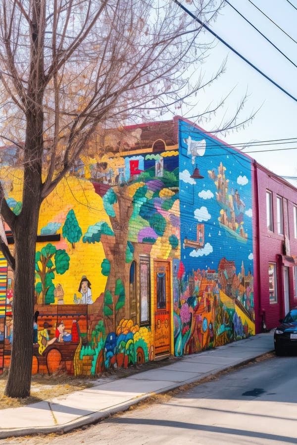 Colorful Community Mural on a Brick Wall Stock Illustration ...