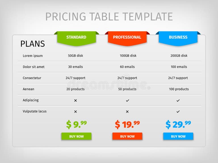 Colorful Comparison Pricing Table Template Stock Vector - Illustration ...