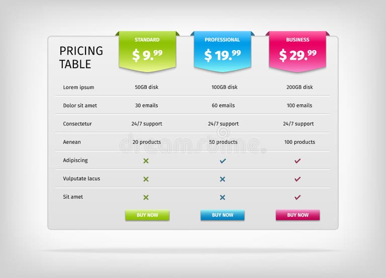 Colorful Comparison Pricing Table Template Stock Vector - Illustration ...