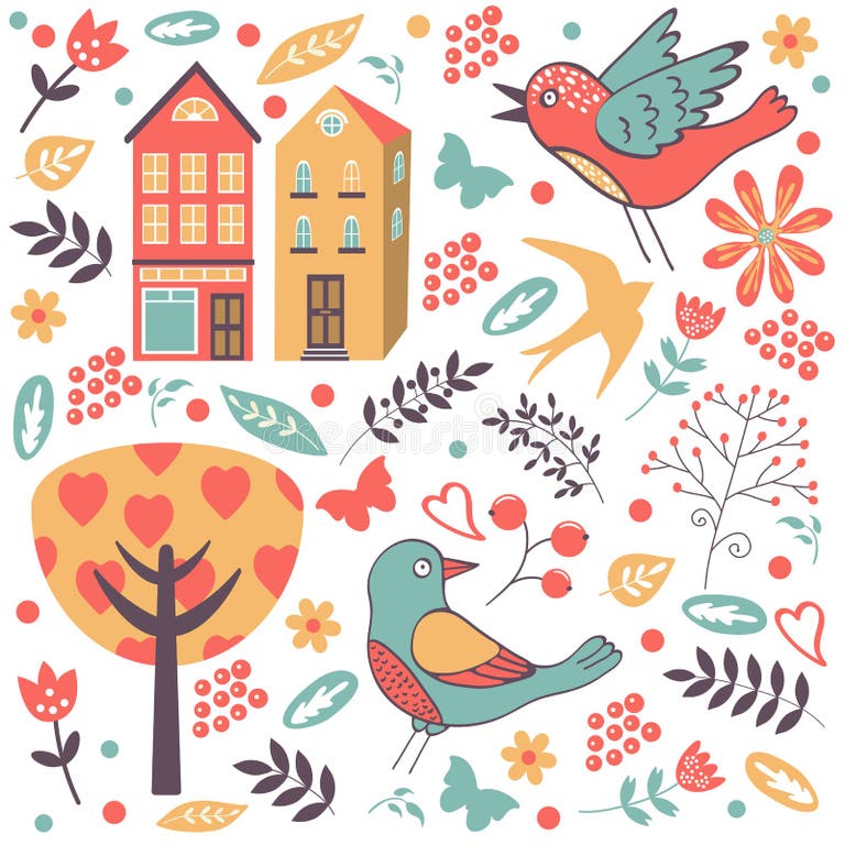 Colorful Composition with Birds, Flowers and Stock Vector ...