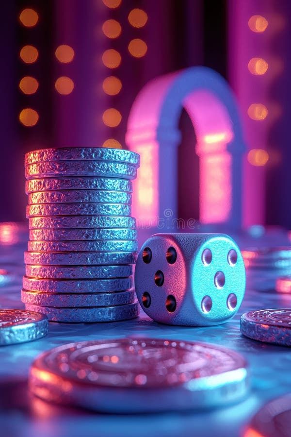 Colorful Composition of Dice and Coins in a Purple Gradient Background ...