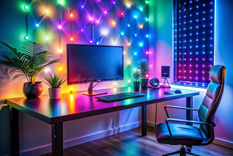 Colorful Computer Desk with Led Lights Wallpaper Background Editorial ...