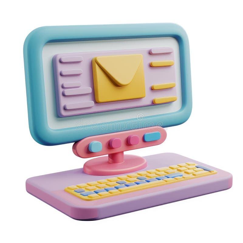 Cute Pastel Computer with Email Icon: 3D Render Stock Illustration ...