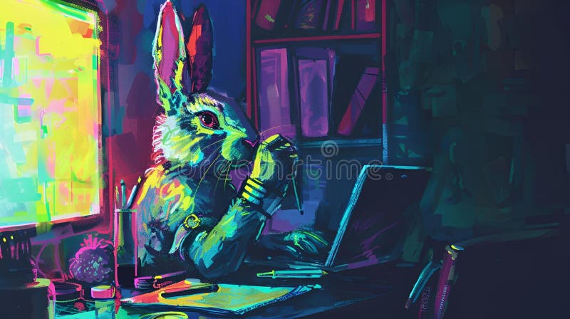 Colorful Computer in an Office Setting with a Rabbit on the Monitor ...
