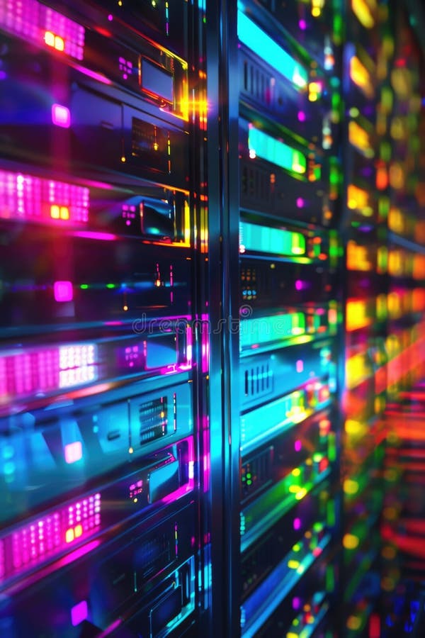 A Colorful Computer Server Rack with Neon Lights Stock Illustration ...