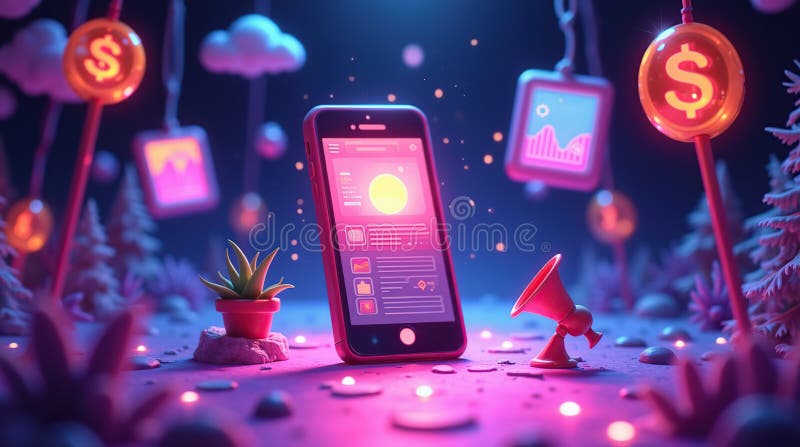 Colorful Conceptual Illustration of Mobile Device in Digital Marketing ...