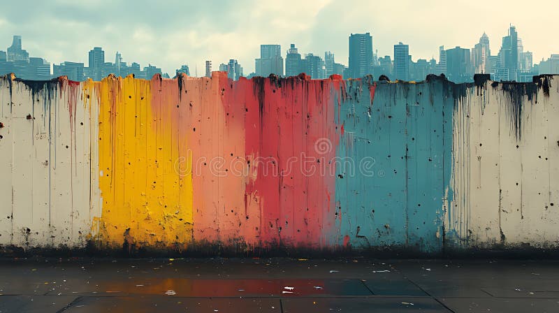 A Colorful Concrete Wall with a Cityscape in the Background Stock ...