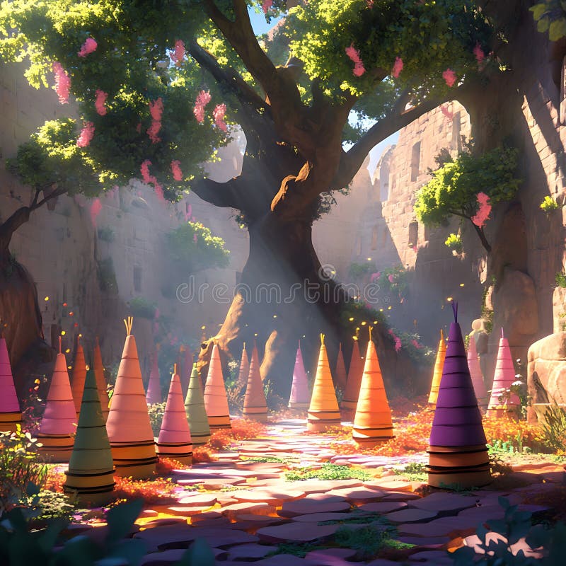 Colorful Cones in a Sunlit Stone Pathway with a Large Tree in the ...