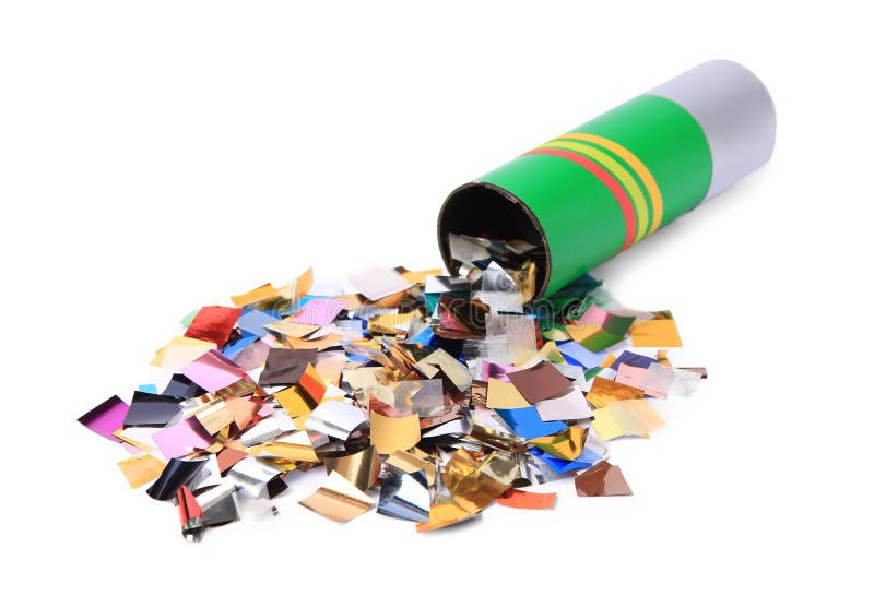 Colorful Confetti with Pink Party Cracker Isolated on White, Above View ...