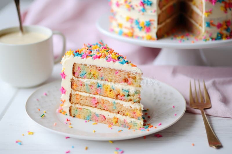 Colorful Confetti Cake on a White Plate for a Birthday Stock ...