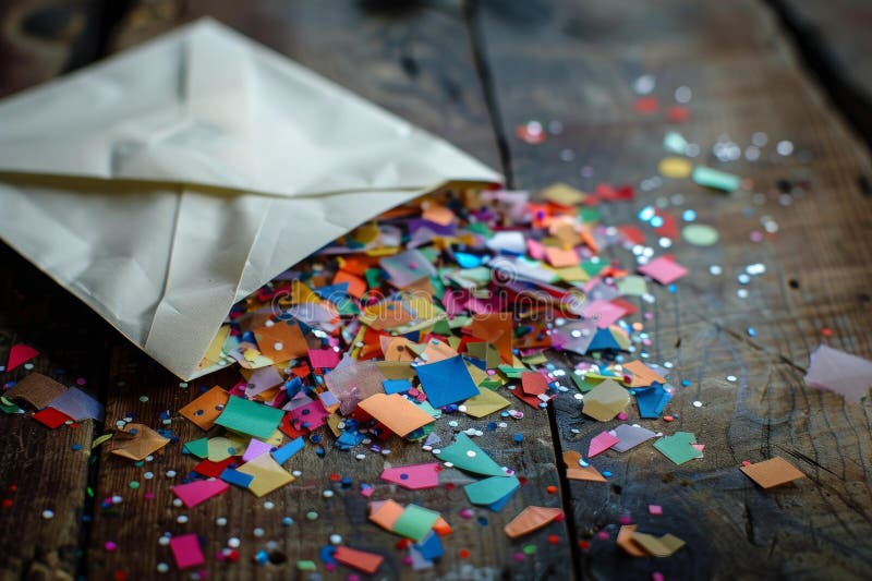 Colorful Confetti Explosion from Envelope on Wooden Surface Stock Photo ...