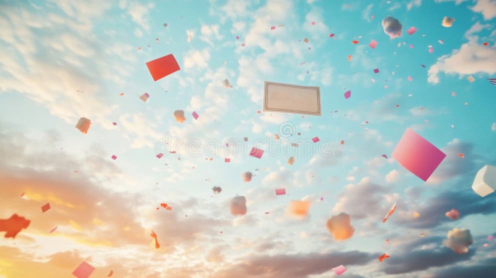 Colorful Confetti Falling through a Cloudy Sky at Sunset Stock ...