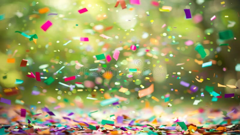 Colorful Confetti Falling on Green Blurred Background Stock ...