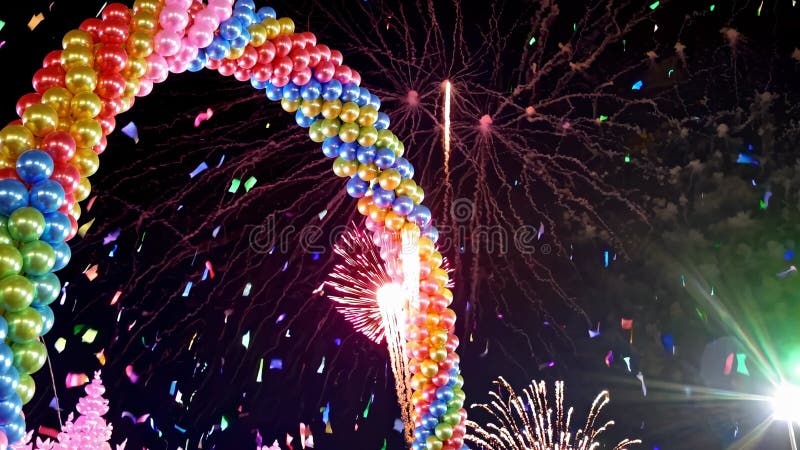 Vibrant Nighttime Celebration Featuring Cascading Colorful Confetti ...