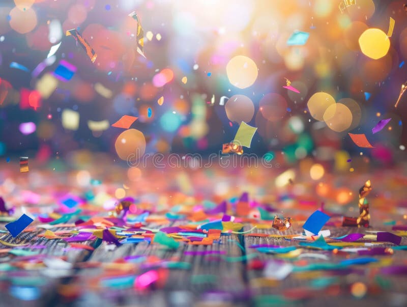 Colorful Confetti Falling on a Wooden Surface with Bokeh Lights Stock ...
