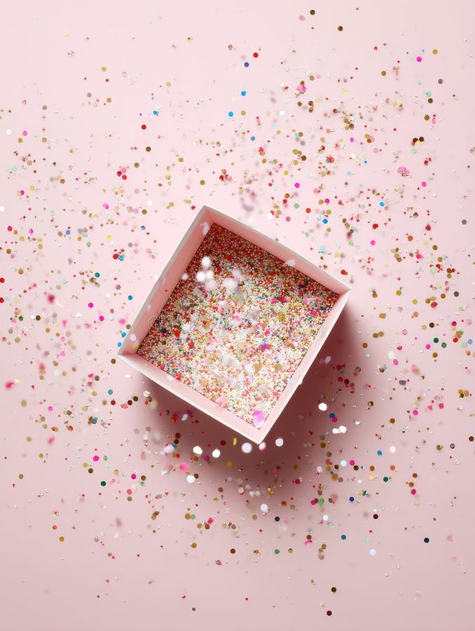 Colorful Confetti Floating from an Open Box on a Pink Surface during a ...