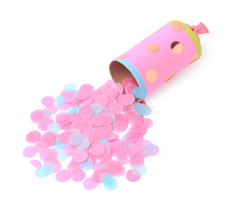 Colorful Confetti with Pink Party Cracker Isolated on White, Above View ...
