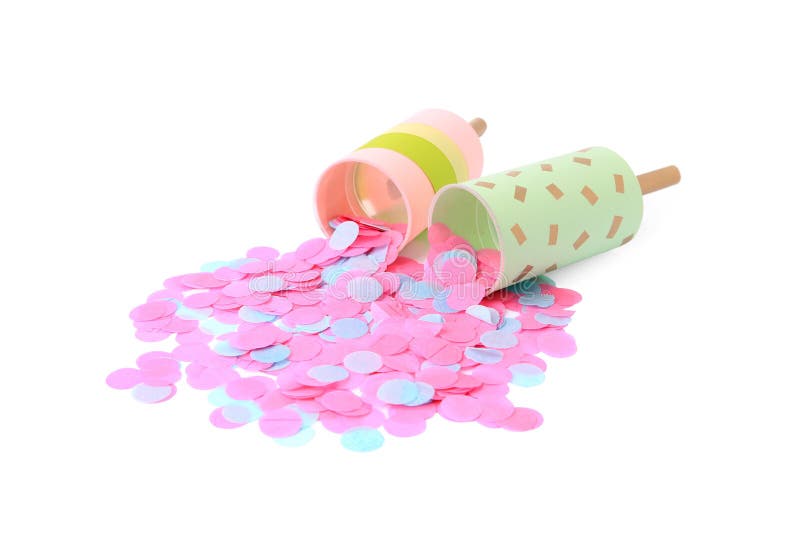 Colorful Confetti with Pink Party Crackers Isolated on White Stock ...