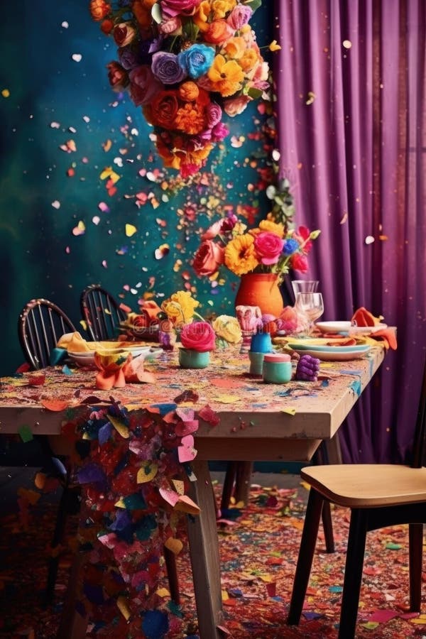 Colorful Confetti Raining Down on a Festive Table Setting Stock ...