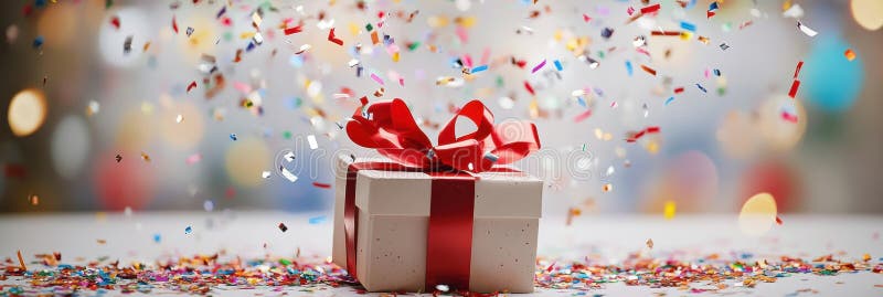 Colorful Confetti and Ribbons Explode from an Open Gift Box, Creating a ...