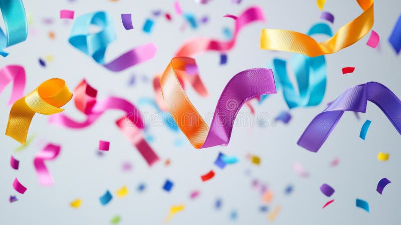 Colorful Confetti and Ribbons Floating on Light Blue Background Stock ...