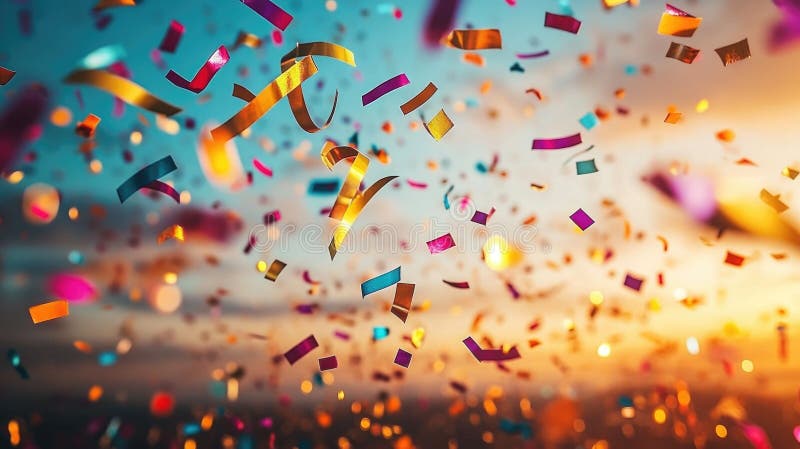 Colorful Confetti in Sunset Sky Celebration Scene Stock Image - Image ...