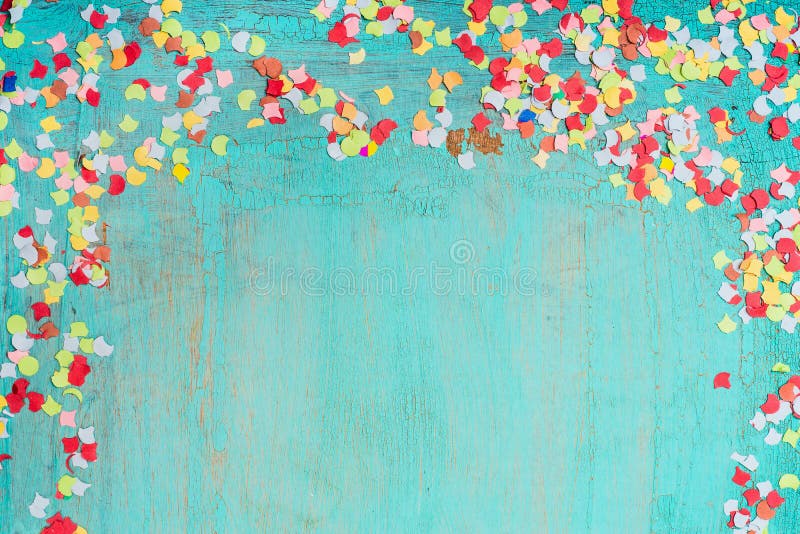 Colorful Confetti on Turquoise Blue Background, Border Stock Photo ...