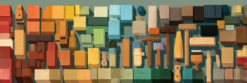 Colorful Flat of Construction Bricks, Tools, and Blocks Arranged in a ...