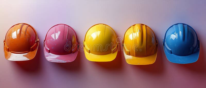 Colorful Construction Helmets Displayed on a Gradient Background Stock ...