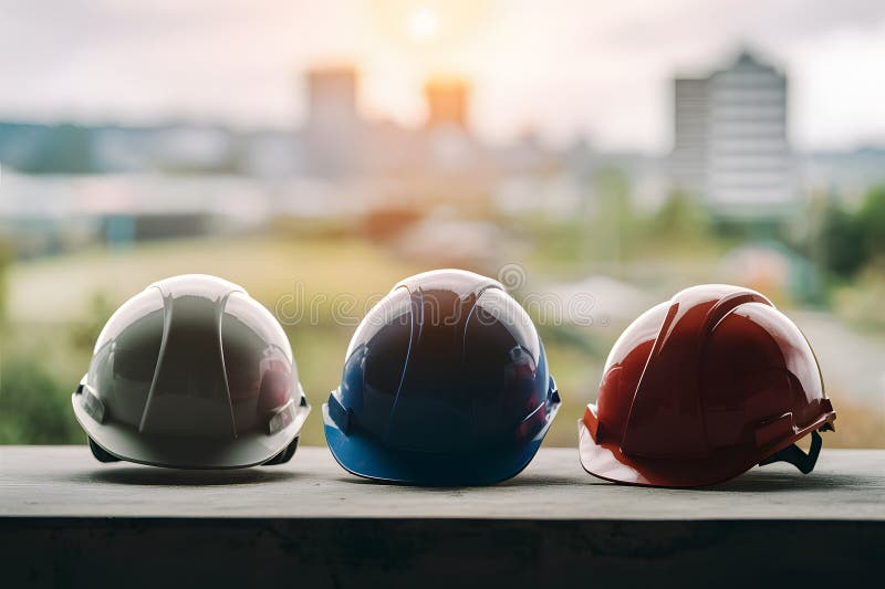Colorful Construction Helmets on Flat Surface Against Urban Backdrop ...