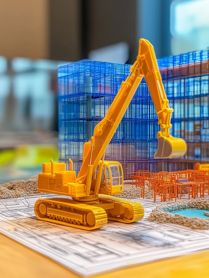 Colorful Construction Site Model Featuring Yellow Excavator and Blue ...