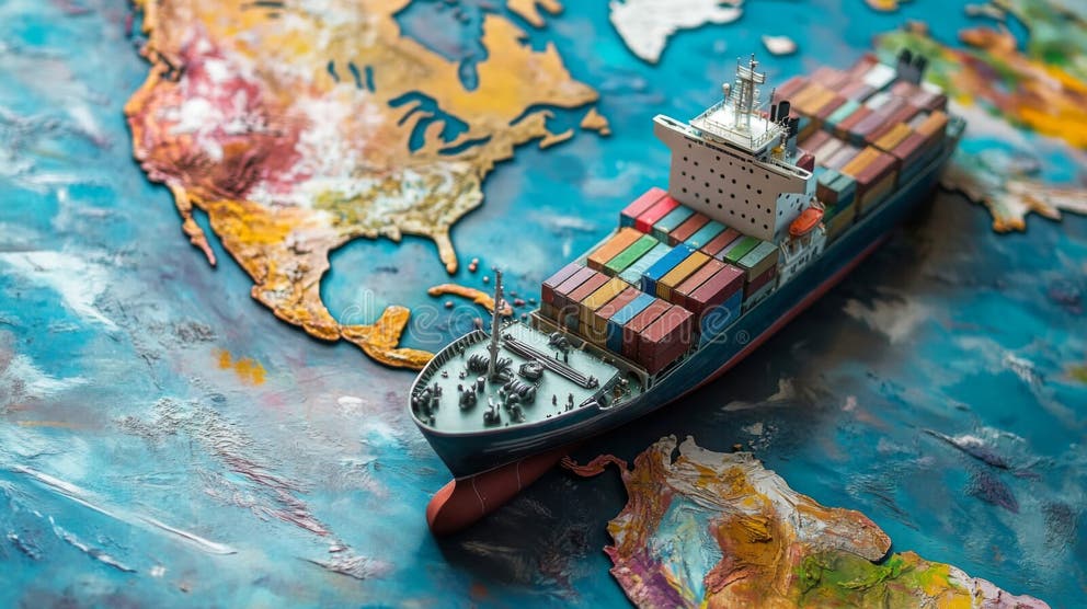 Colorful Container Ship Model on a World Map Stock Illustration ...
