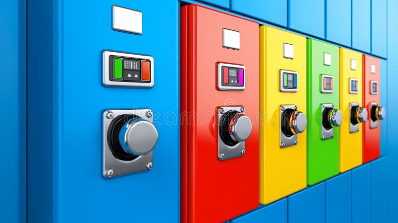 Colorful Control Panel with Knobs and Lights Against Blue Backdrop ...