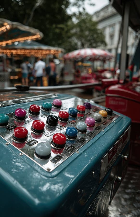 Colorful Control Panel with Push Buttons in Amusement Park Setting Stock Image - Image of ...