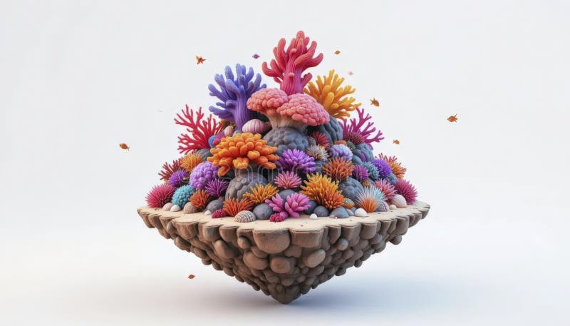 Colorful Coral Reef Island with Shells Floating in a White Environment ...