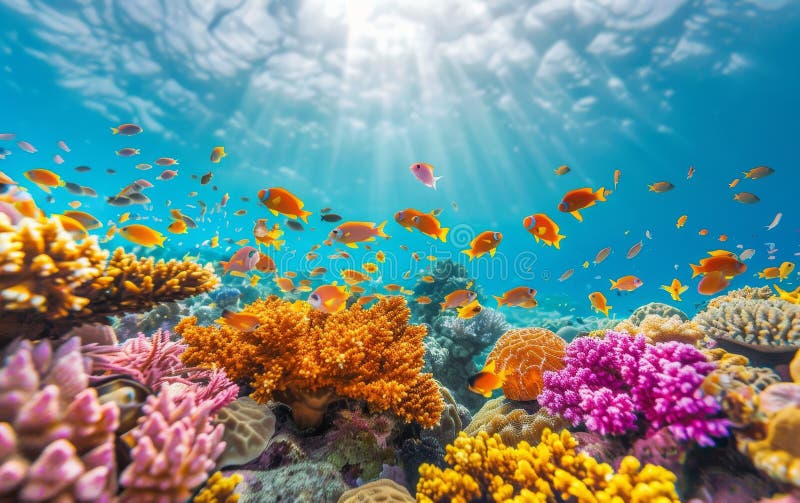 A Colorful Coral Reef Teeming with Various Fish Swimming Around the ...