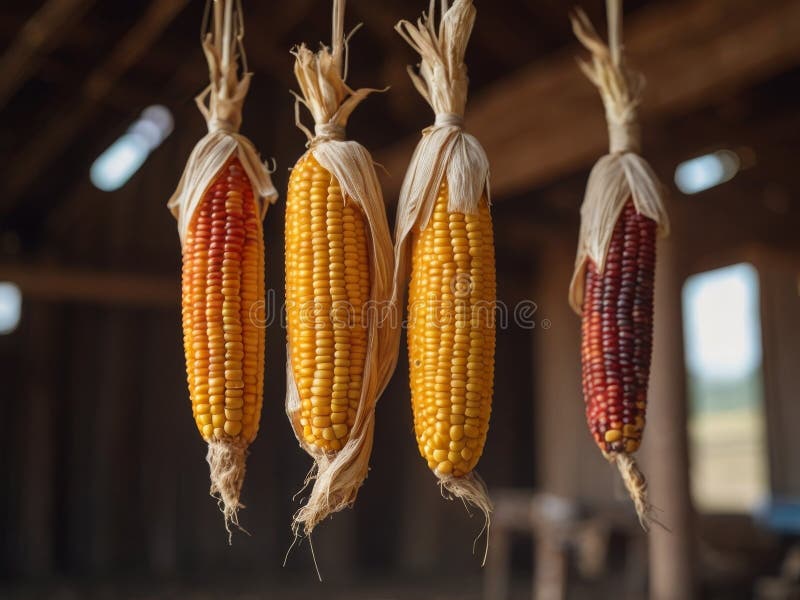 Colorful Corn Cobs Hanging for Drying in Farm Barn. Stock Photo - Image ...